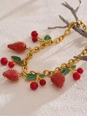 Anthropologie | Jewelry | Red Strawberry Cherry Fruit Gold Necklace ...